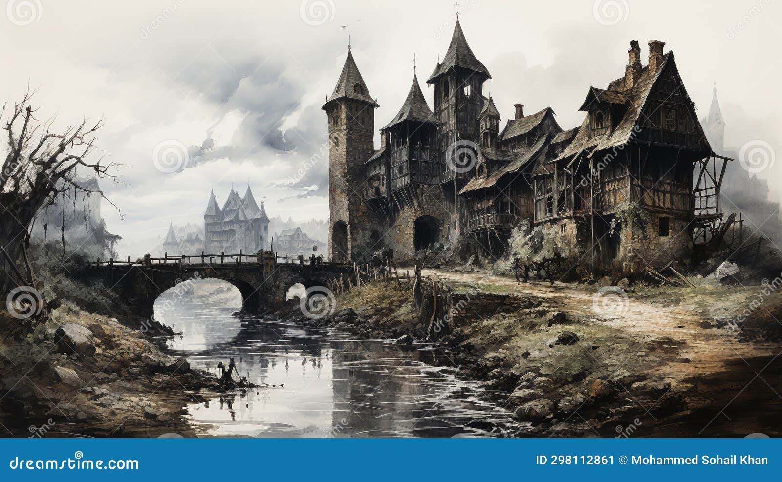 Etching Medieval Empty Town Abstract Art Painting Background Stock ...