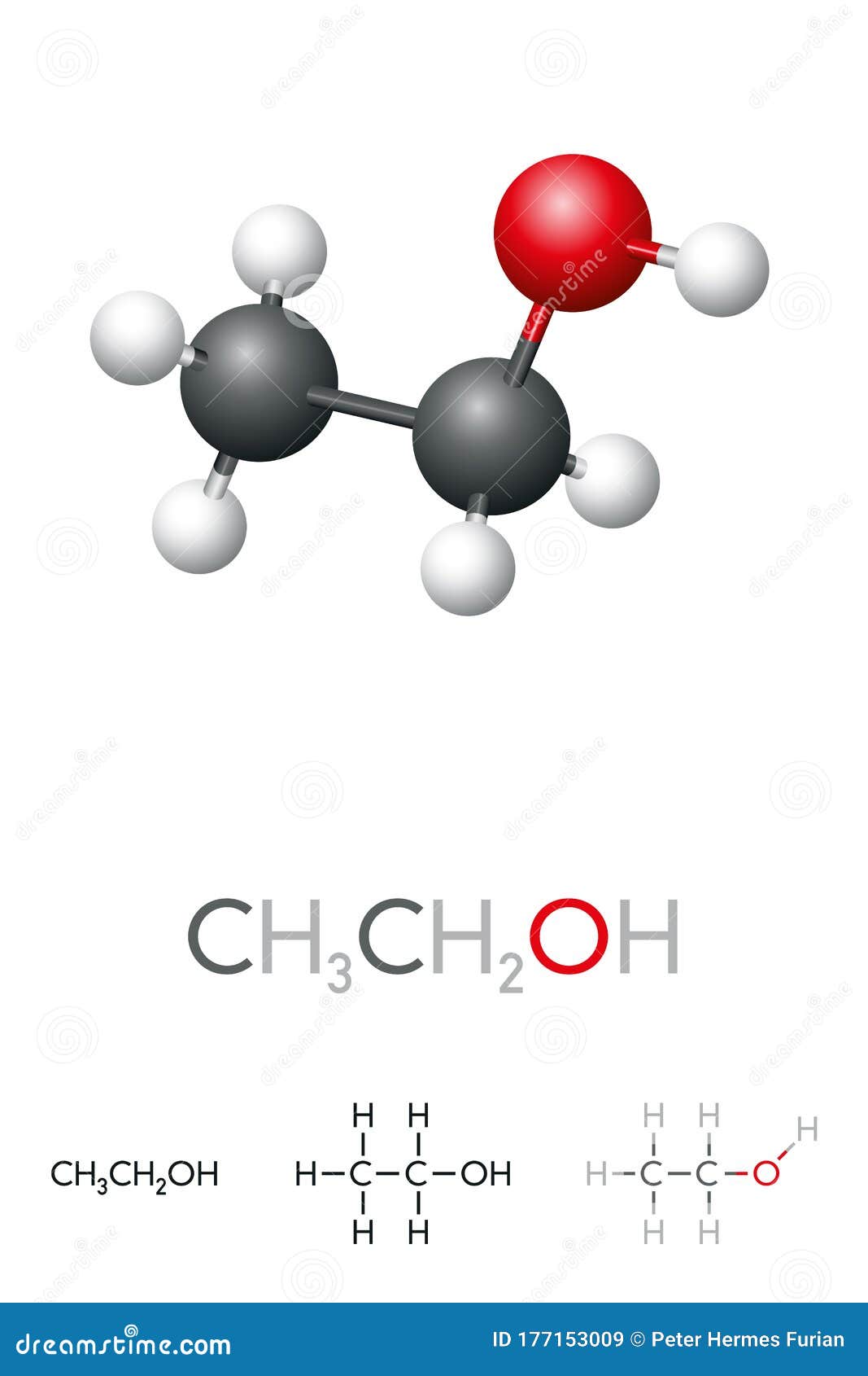 Ethanol, CH3CH2OH, Ethyl Alcohol, Molecule Model and Chemical Formula ...