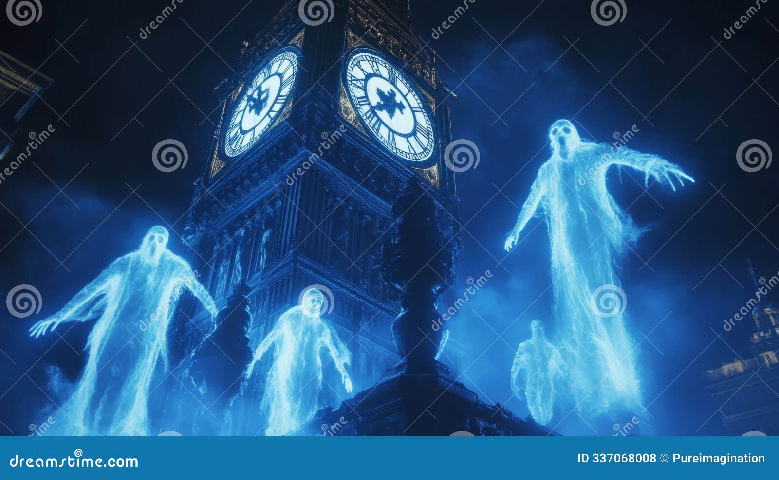 Ethereal Blue Ghosts Surround Big Ben at Night Stock Illustration ...