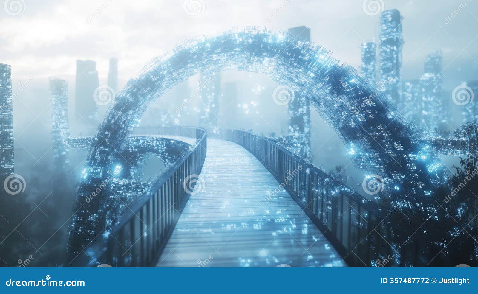 An Ethereal Bridge Formed from Translucent Data Symbols Connecting Two ...