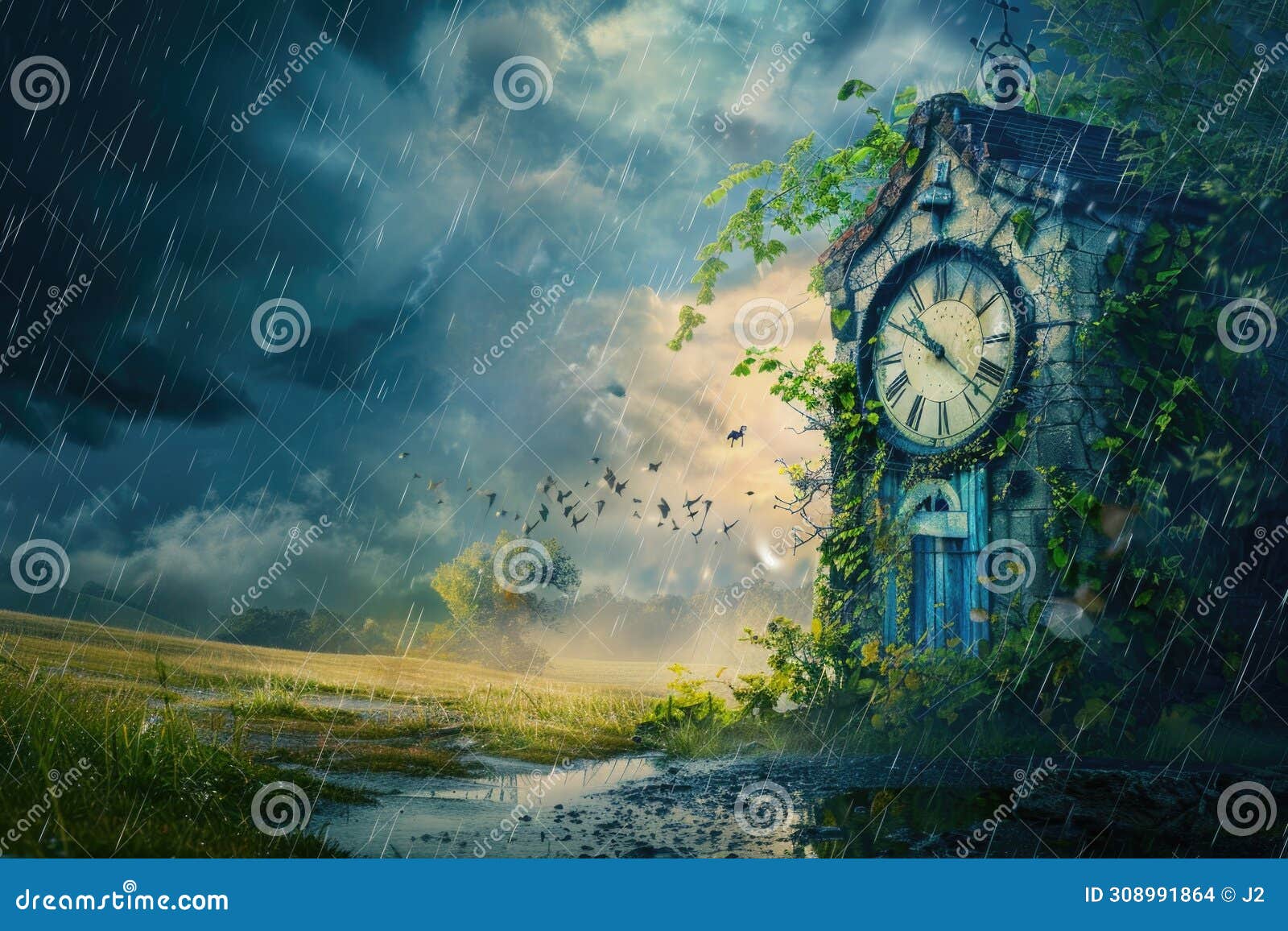 Ethereal Clock Tower Amidst a Tempest, Reflecting the Enduring Passage ...