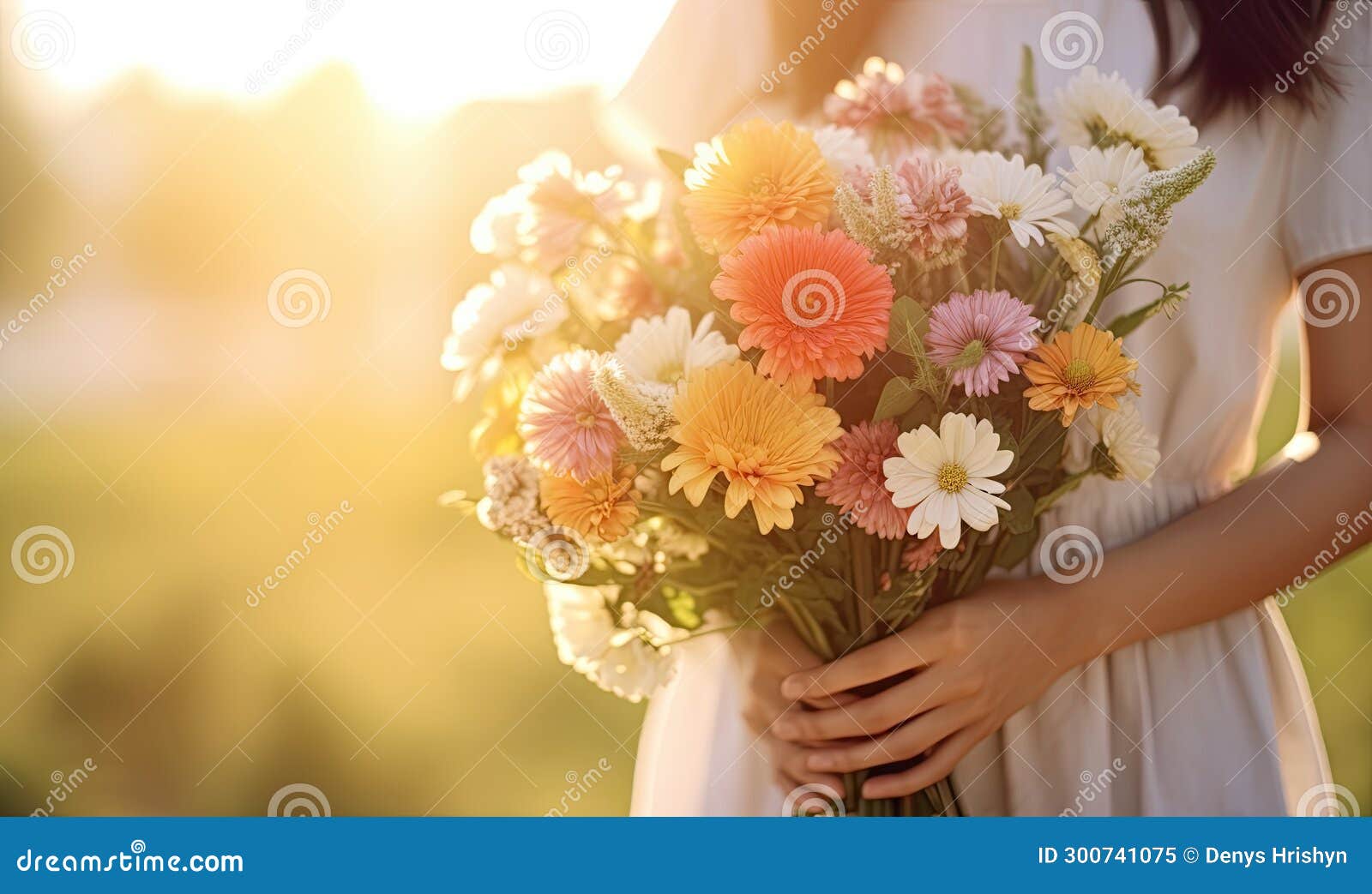 A Woman In A White Dress Holding A Bouquet Of Flowers Stock