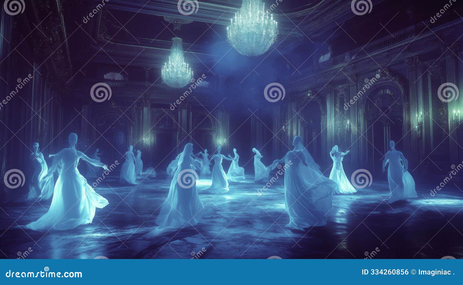 Ethereal Figures Dancing in an Abandoned Grand Hall Stock Illustration ...