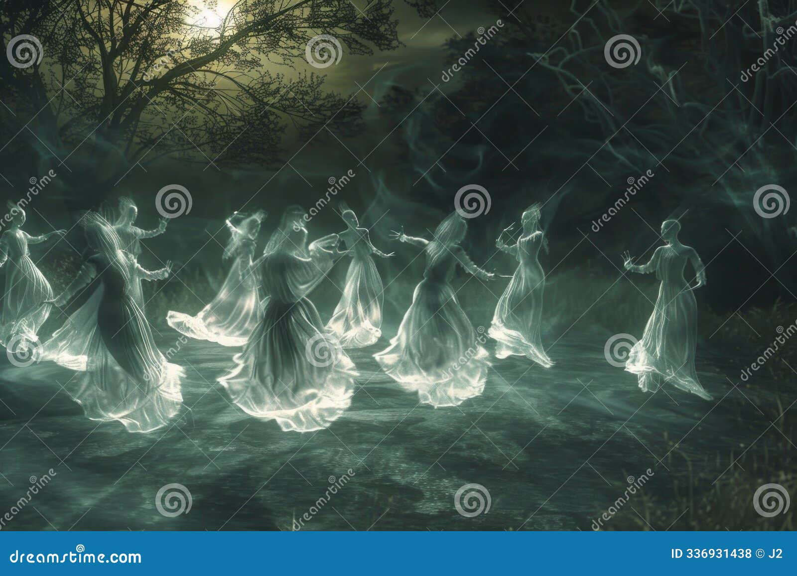 Ethereal Ghostly Figures Dancing In Moonlit Forest Haunting Fantasy ...