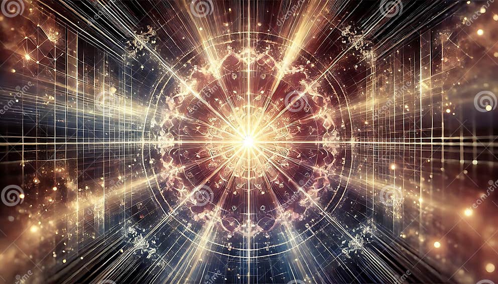 Ethereal Glowing Sunburst Patterns Radiating Over an Abstract Geometric ...