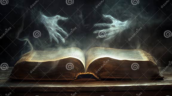 Ethereal Hands Emerging from an Open Ancient Book Stock Illustration ...