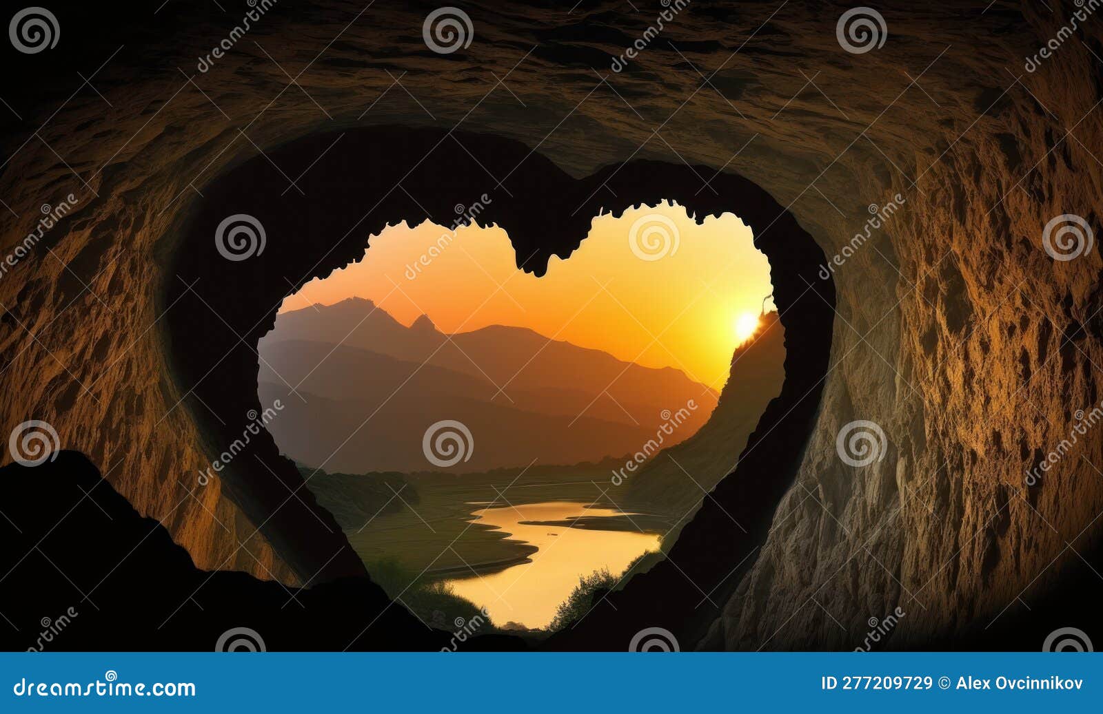 Ethereal Heart-Shaped Cave on River and Mountains at Sunset for ...
