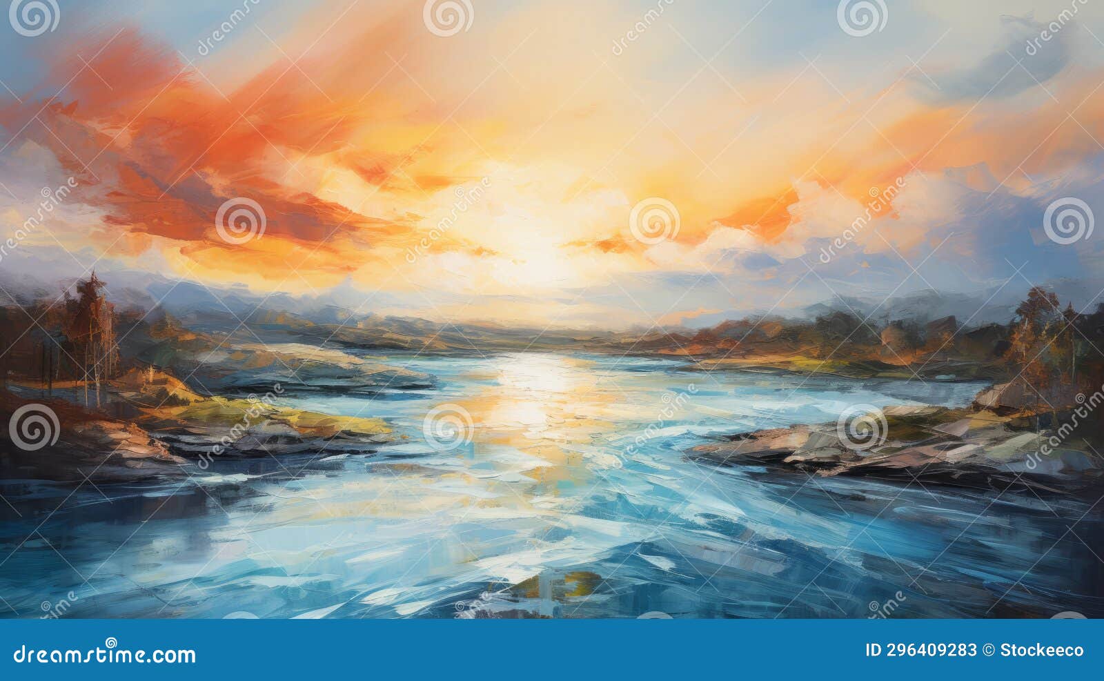 Ethereal Impressionistic Seascape: Sunlit River with Clouds Stock ...