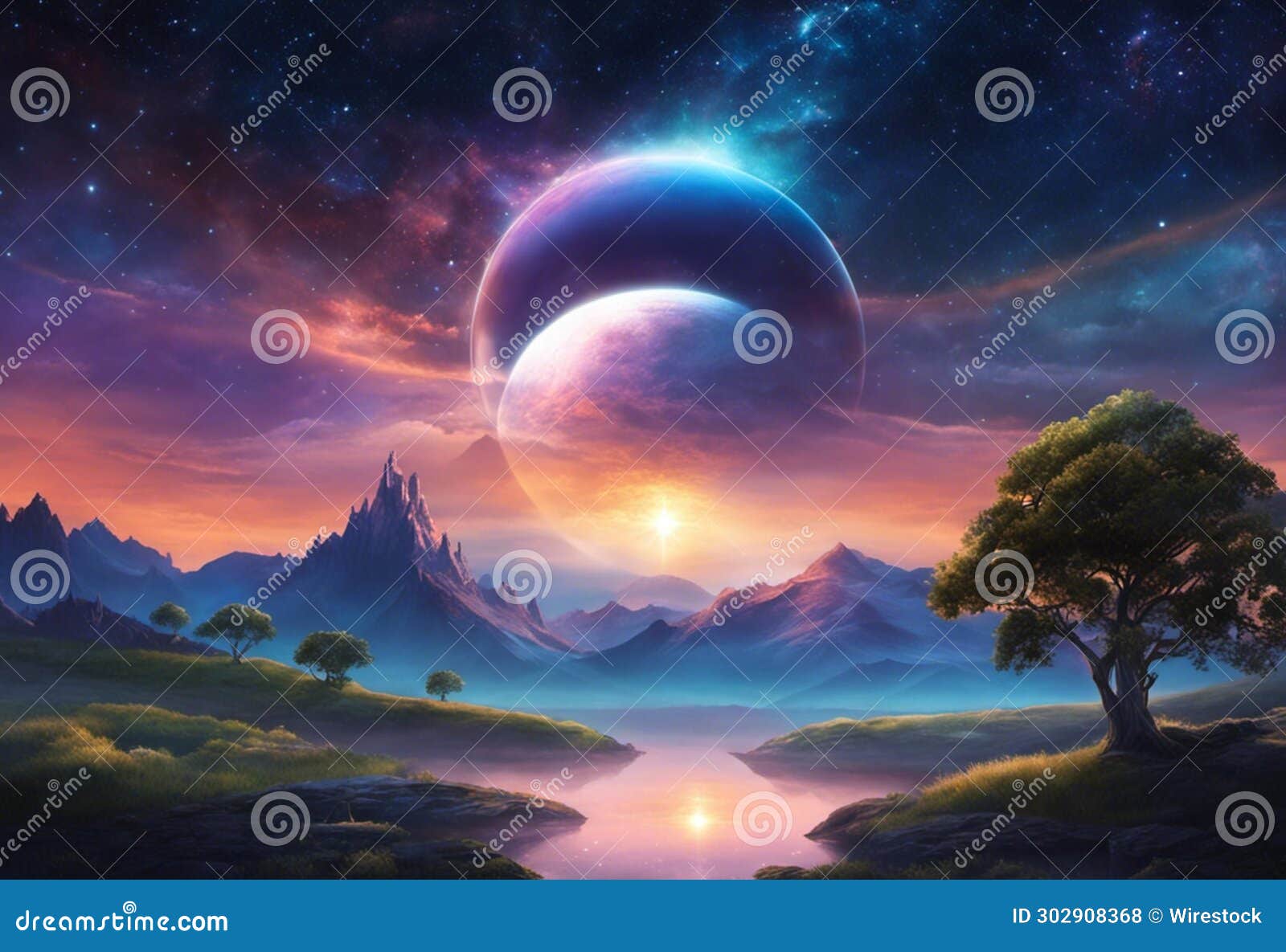 Ethereal Landscape Featuring Celestial Bodies, Mountain Peaks, and Lush ...