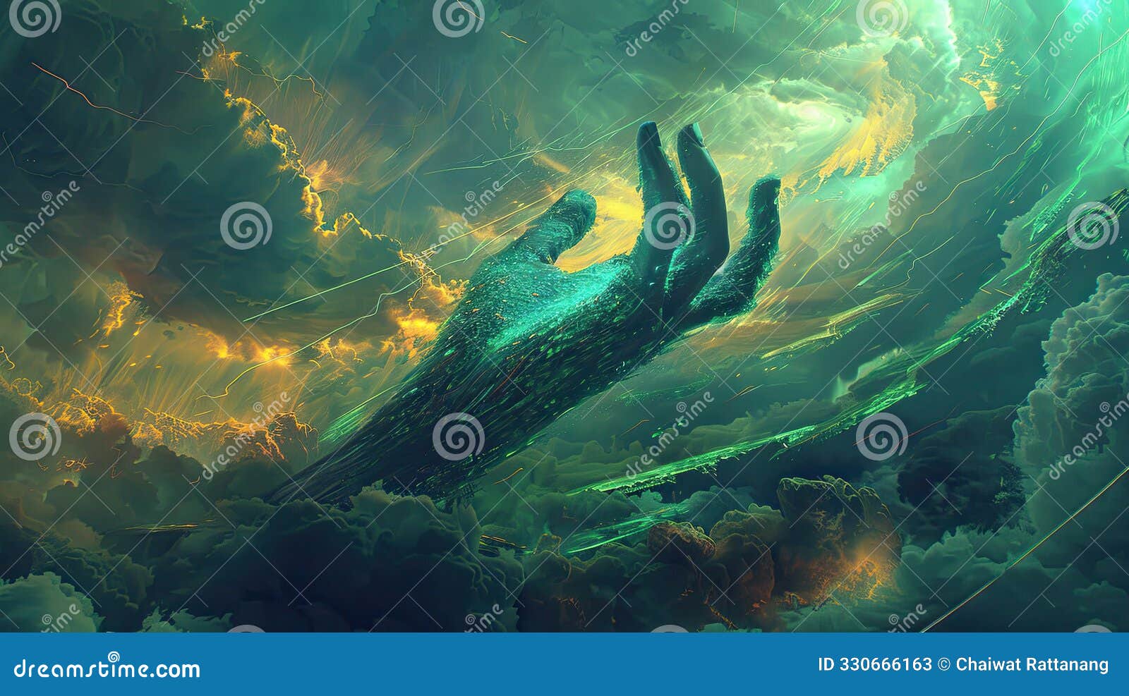 Ethereal Low-Poly 3D Giant Hand Holding Rock Platform in Aurora Glow ...