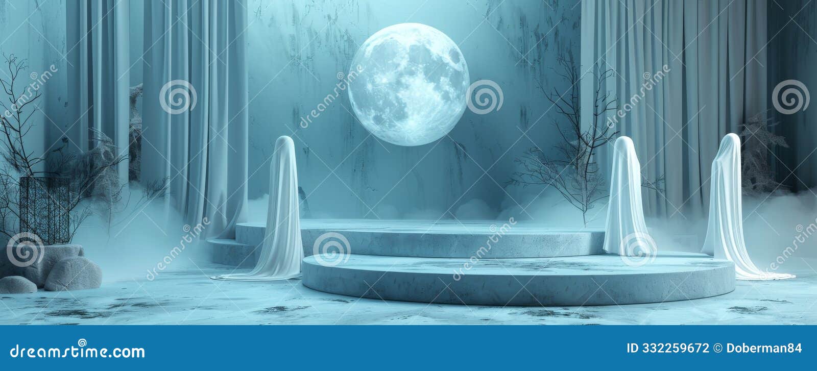 Ethereal Night Scene with Ghostly Figures and Full Moon in Minimalist ...