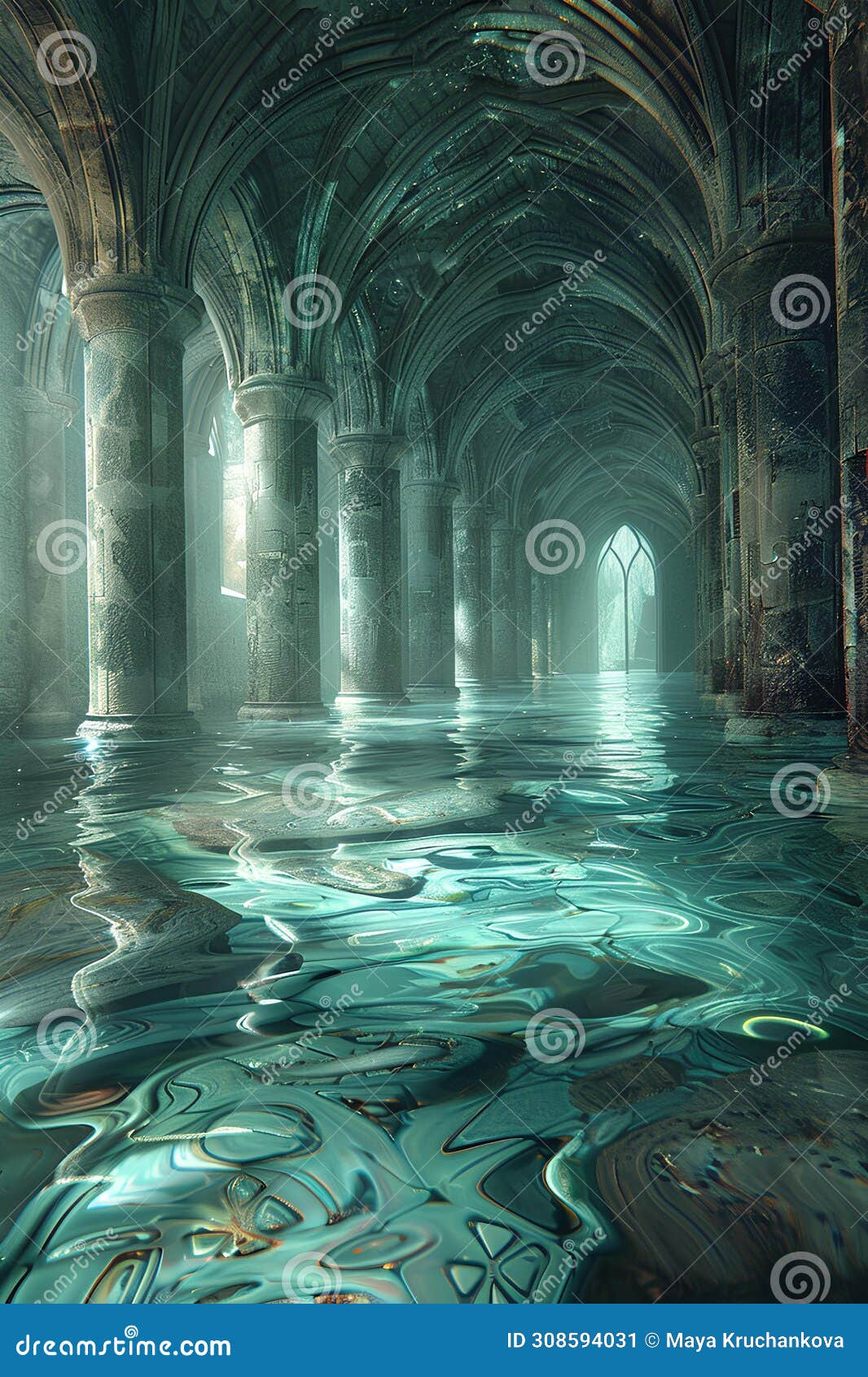Ethereal Old Abandoned Hall with Columns Flooded with Water Stock ...