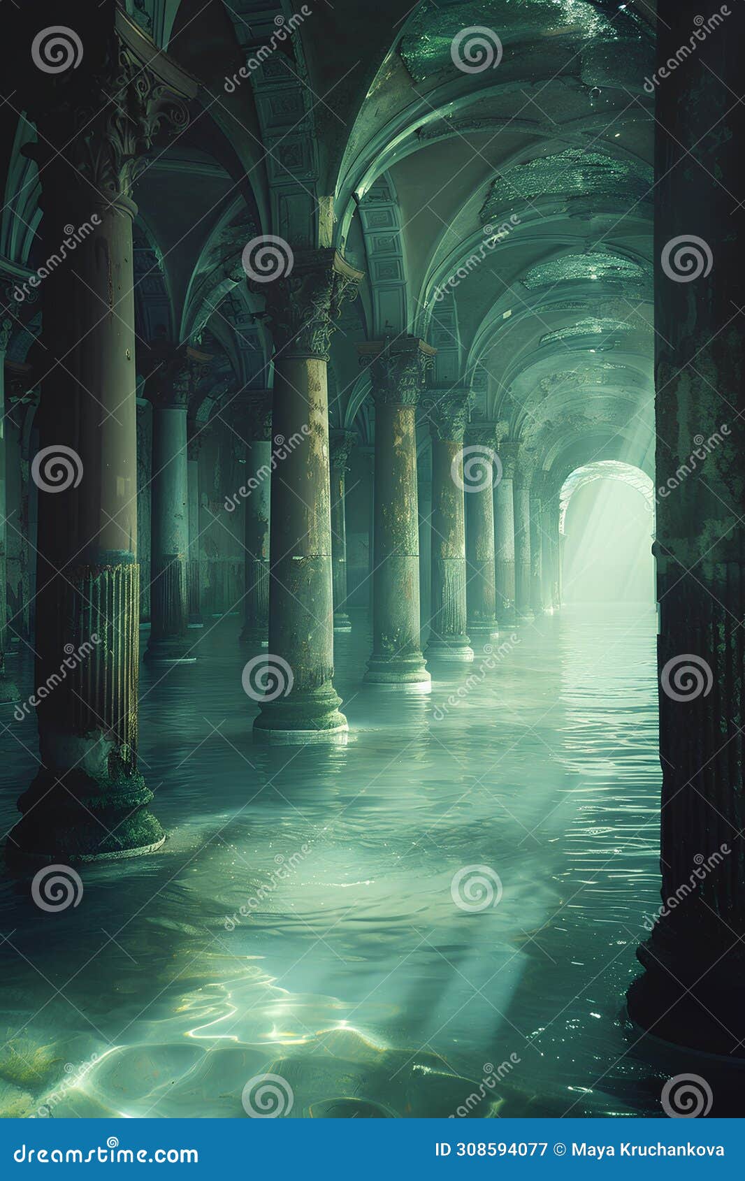 Ethereal Old Abandoned Hall with Columns Flooded with Water Stock ...