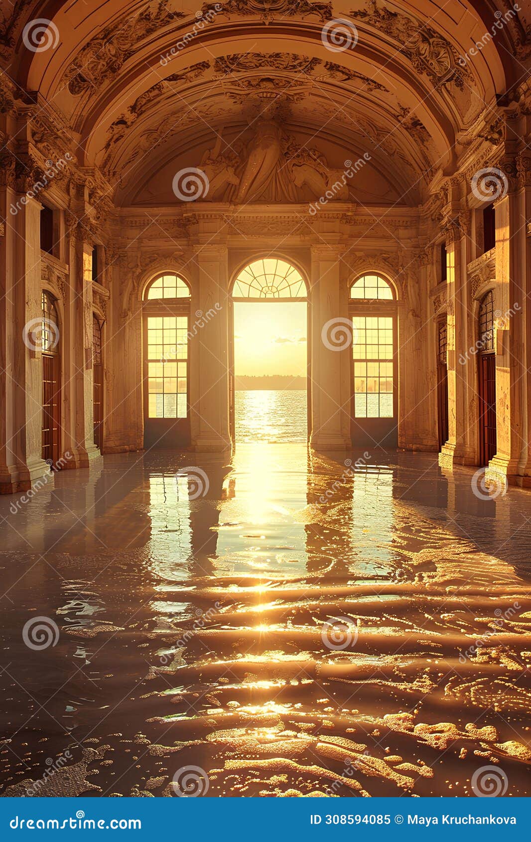 Ethereal Old Abandoned Hall with Columns Flooded with Water Stock ...