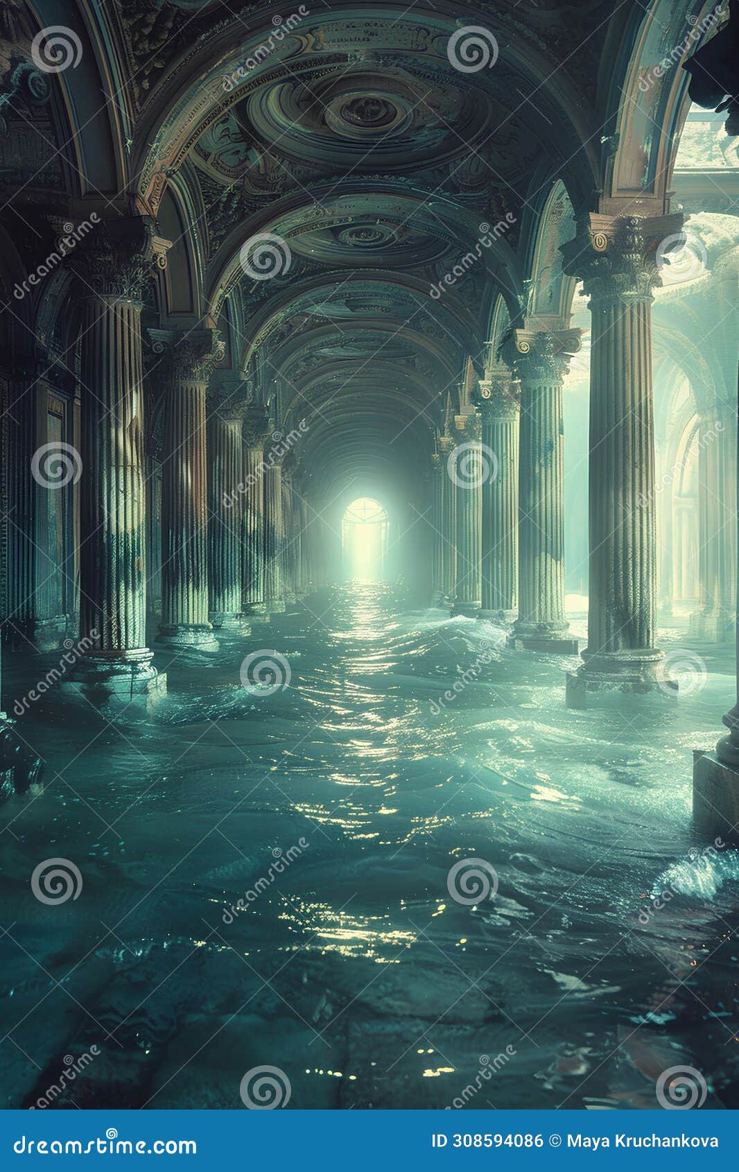Ethereal Old Abandoned Hall with Columns Flooded with Water Stock ...