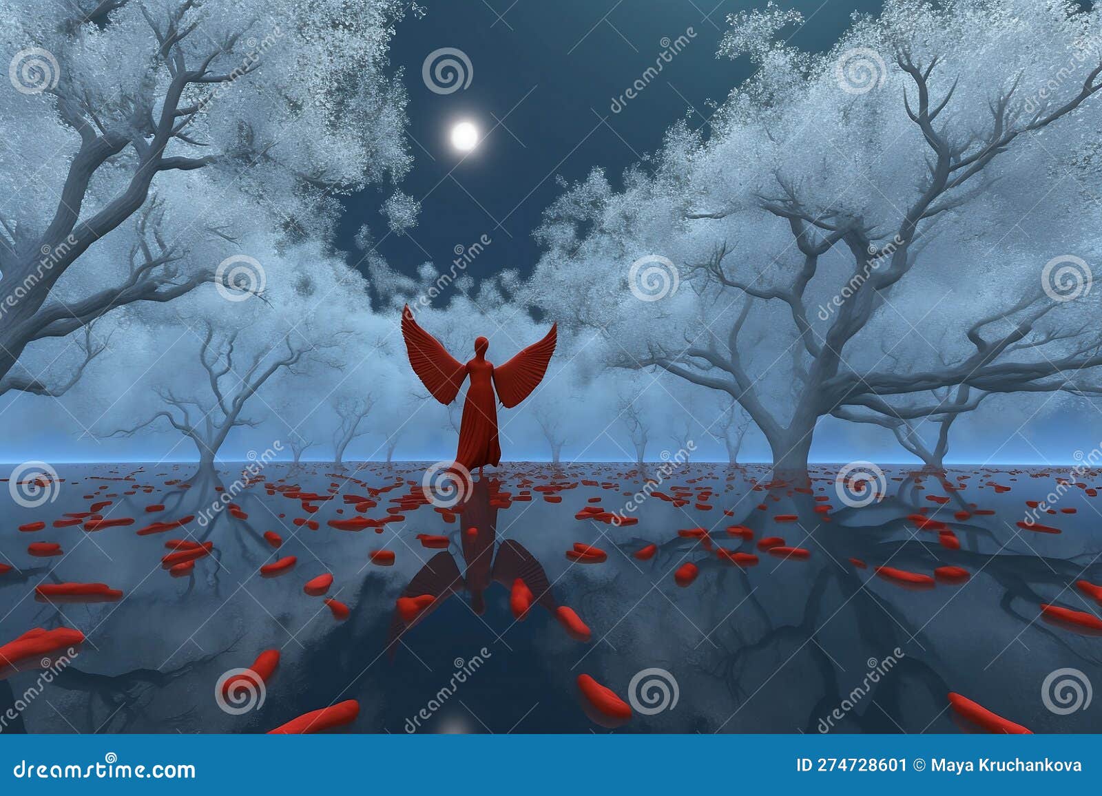 Ethereal Scenery with White Trees and Fantasy Angels Stock Illustration ...