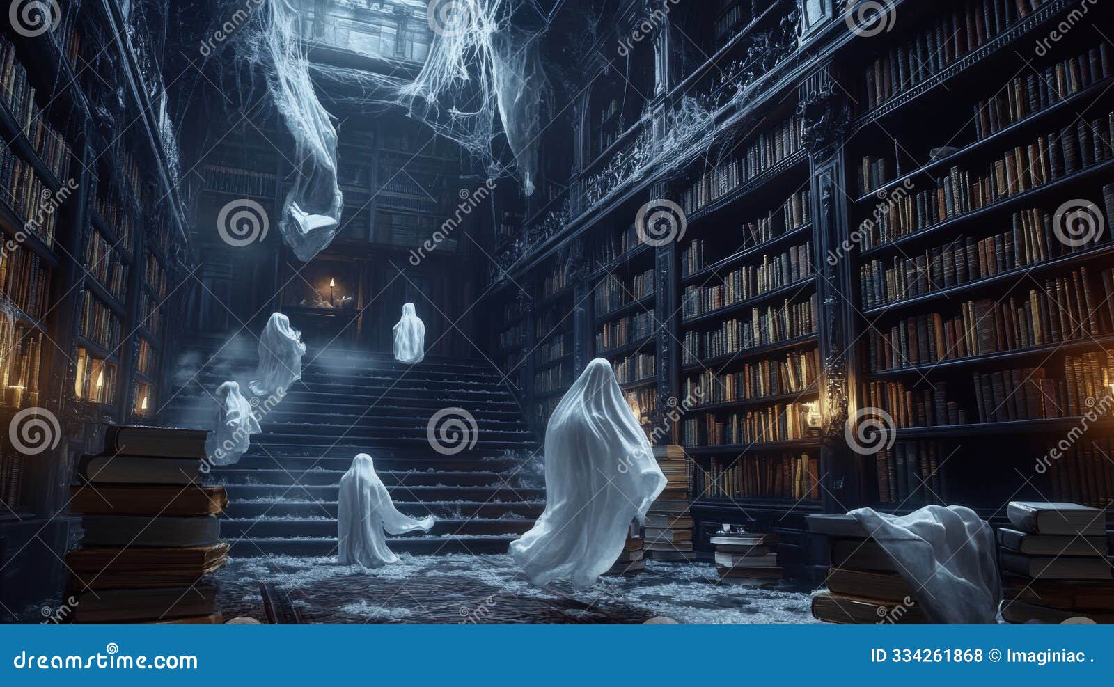 Ethereal Specters in a Dusty, Cobweb-Draped Library Stock Illustration ...