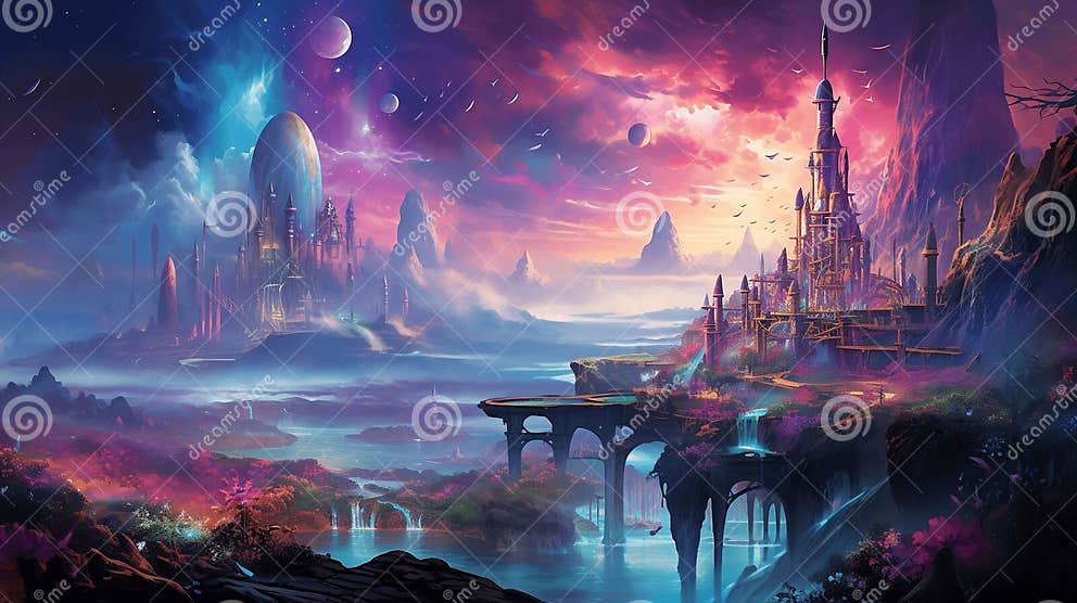 An Ethereal Technicolor Dreamscape with Floating Islands, Waterfalls by ...