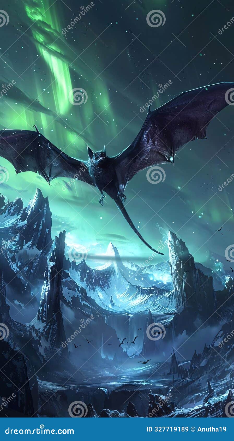 Ethereal Vampire Bat Gliding Beneath a Shimmering Aurora in a Dark ...