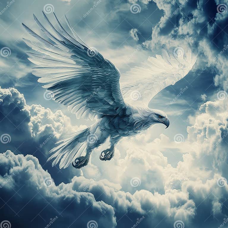 Ethereal White Eagle Flying in a Cloudy Sky Stock Image - Image of ...