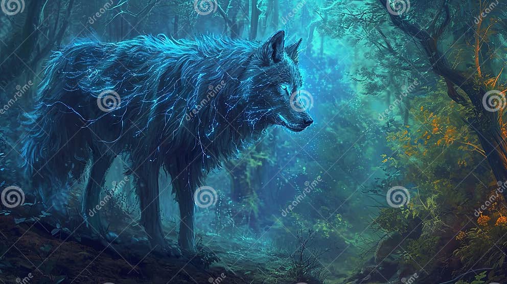 Ethereal Wolf in Mystical Forest Stock Illustration - Illustration of ...