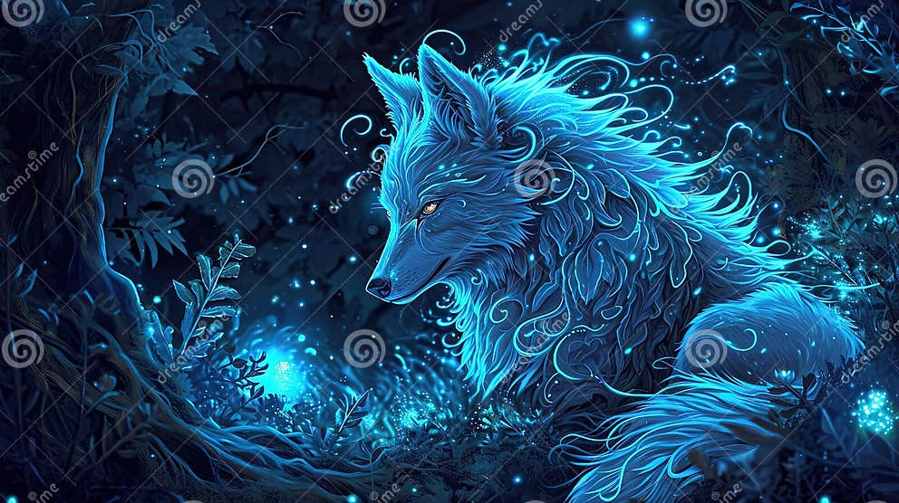 Ethereal Wolf in Mystical Forest Stock Illustration - Illustration of ...