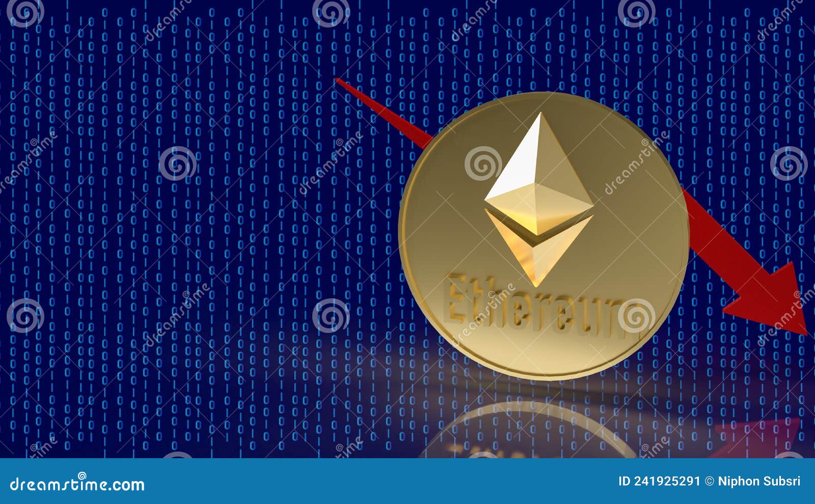 The Ethereum Coin and Red Arrow Chart on Digital Background 3d ...