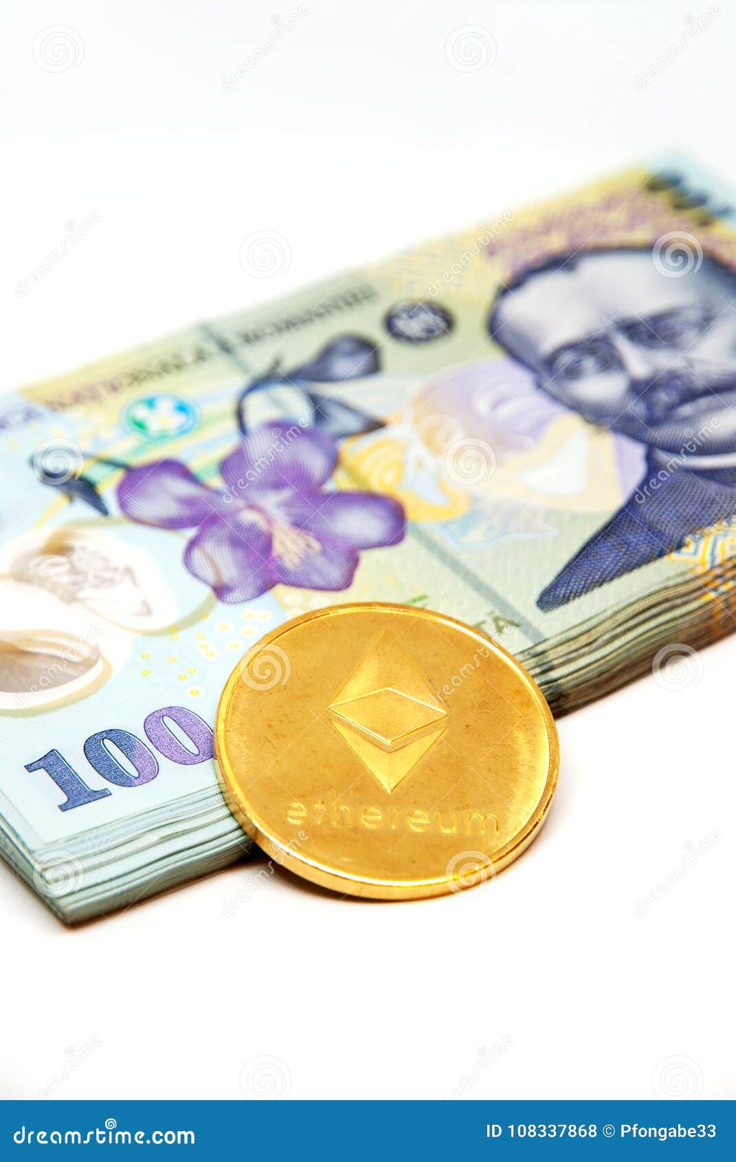 Ethereum E Pilha De Leu Romeno De Ron Da Moeda Sobre O Fundo Branco ...