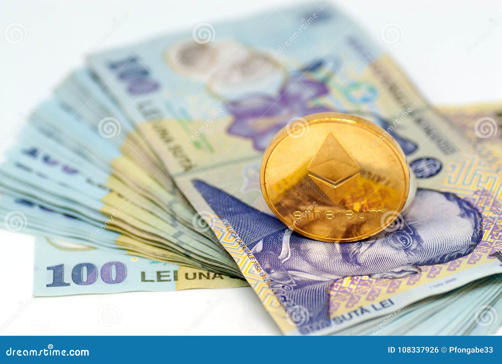 Ethereum E Pilha De Leu Romeno De Ron Da Moeda Sobre O Fundo Branco ...