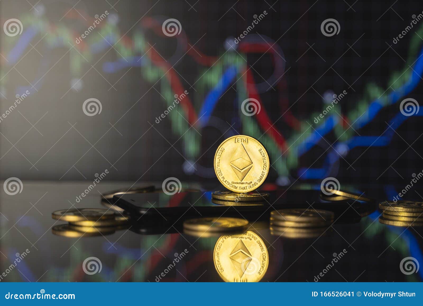 Ethereum and Virtual Money Concept. Gold Ethereum on a Stack of Coins ...