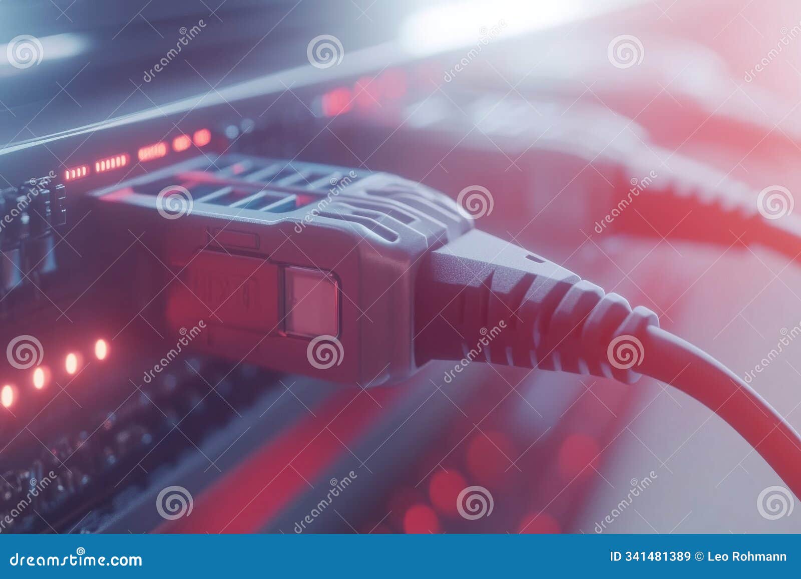 Ethernet Cable Plugged into a Network Server with Red LED Lights ...