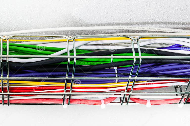 Ethernet Cables in a Cable Guard Leading Along the Ceiling Insid Stock ...