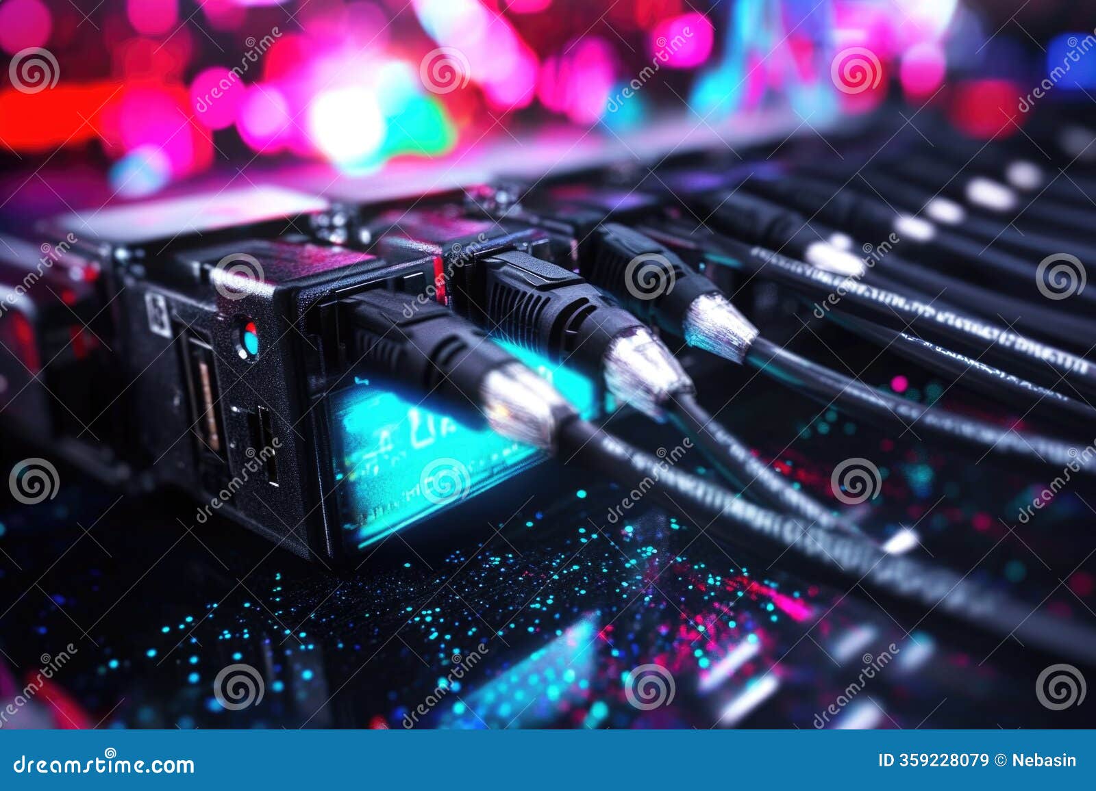Ethernet Cables Connected To Network Switch with Neon Lights in ...