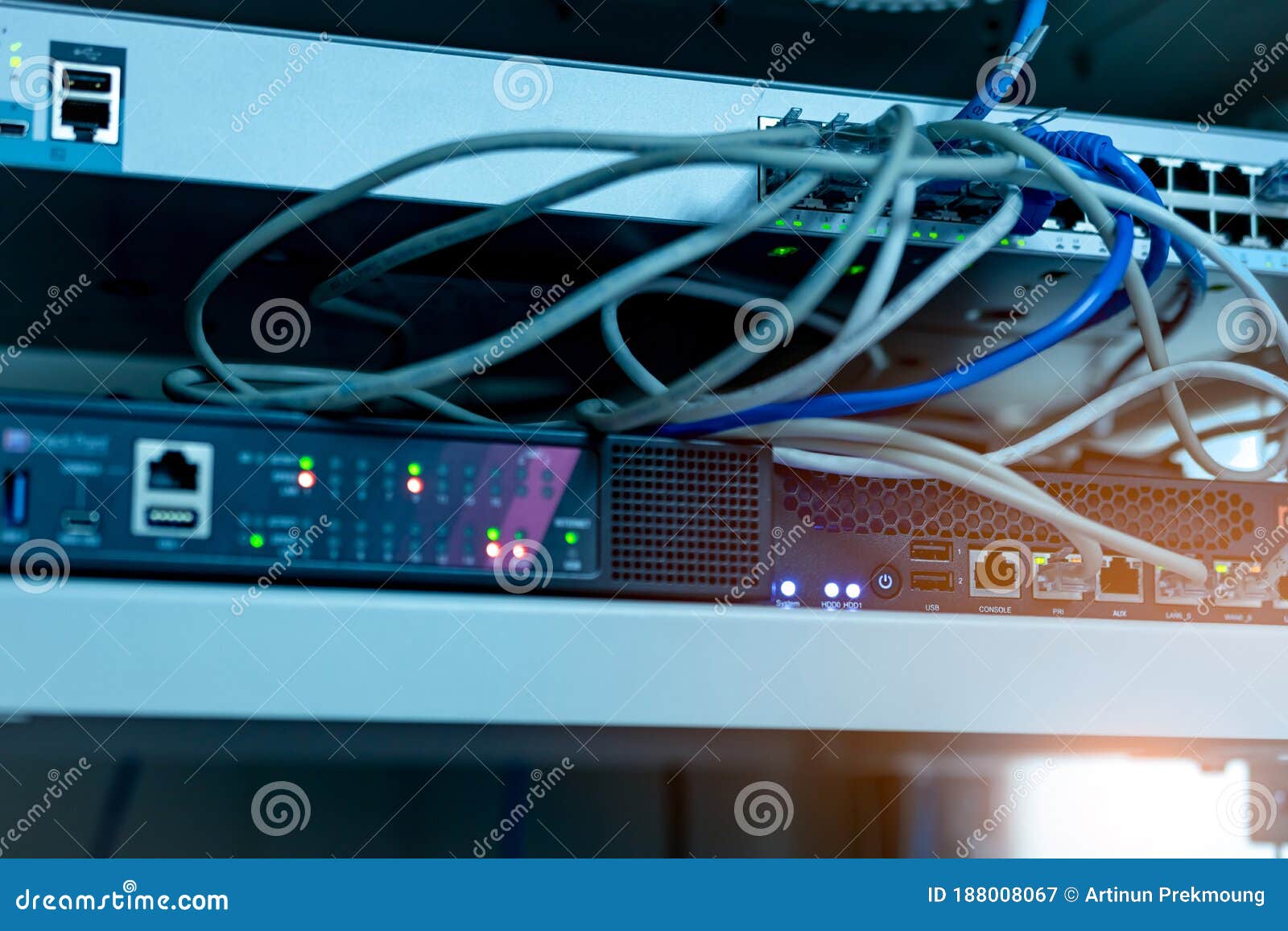 Ethernet Cables and Network Switch in Data Center. Wifi Plug of ...