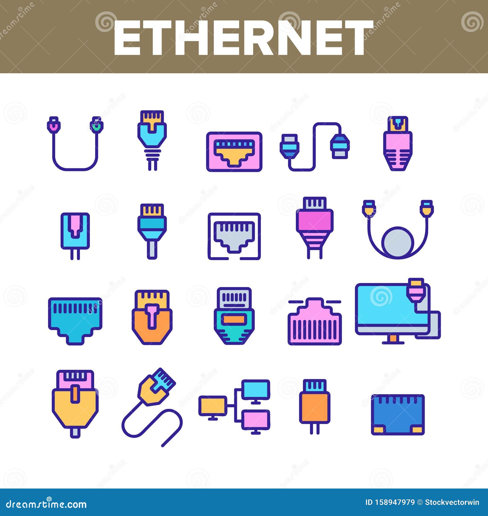 Ethernet Collection Elements Icons Color Set Vector Stock Vector