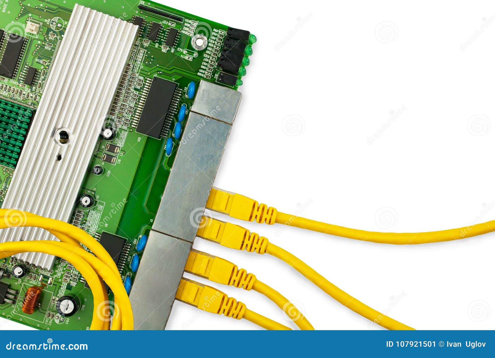 Ethernet Switch Board with 4 Yellow Patch Cords and Circle Patchcord on ...