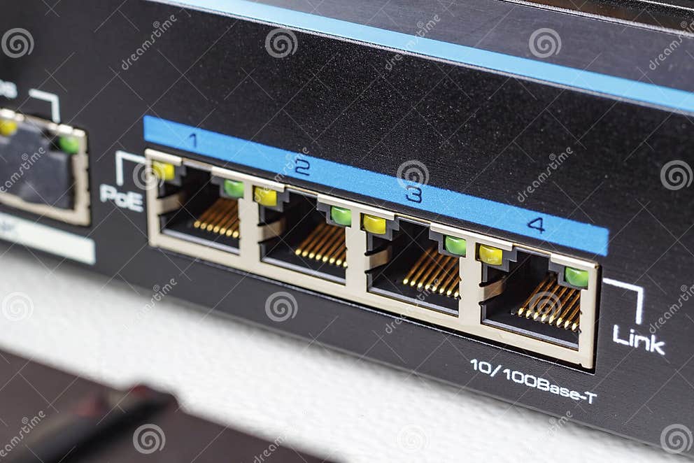 Ethernet Switch Ports with PoE Function Closeup Stock Image - Image of ...