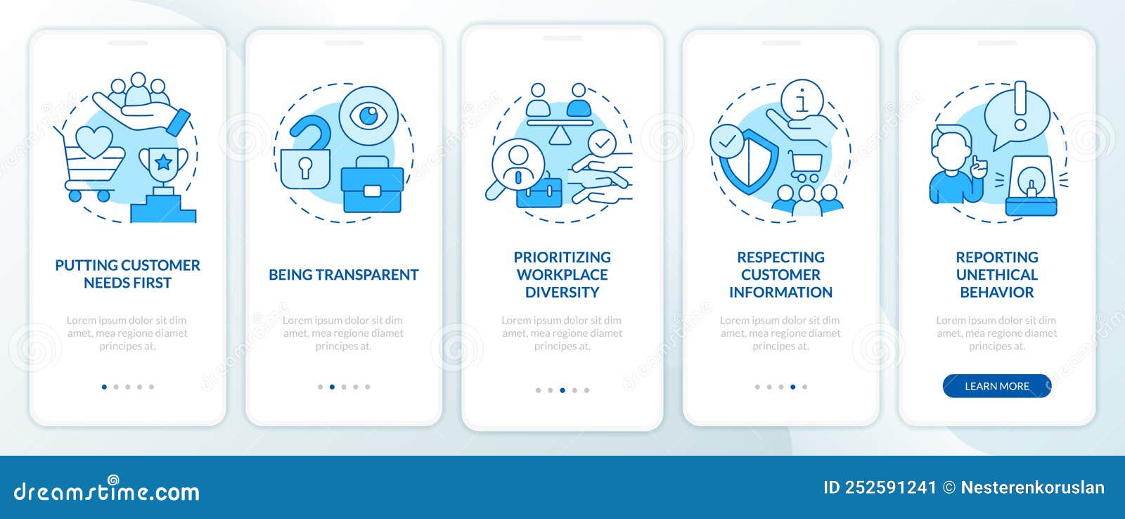 Ethics in Customer Dealings Blue Onboarding Mobile App Screen Stock ...