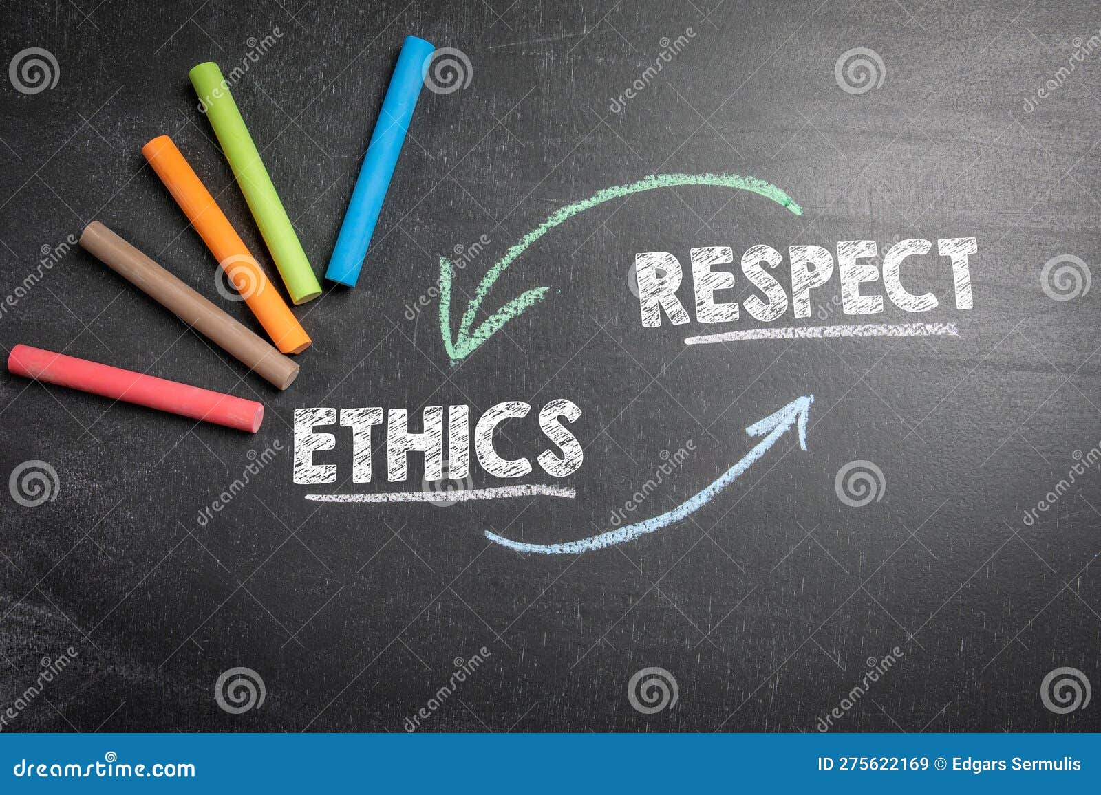 ETHICS and RESPECT Concept. Text and Colored Pieces of Chalk on a Dark ...
