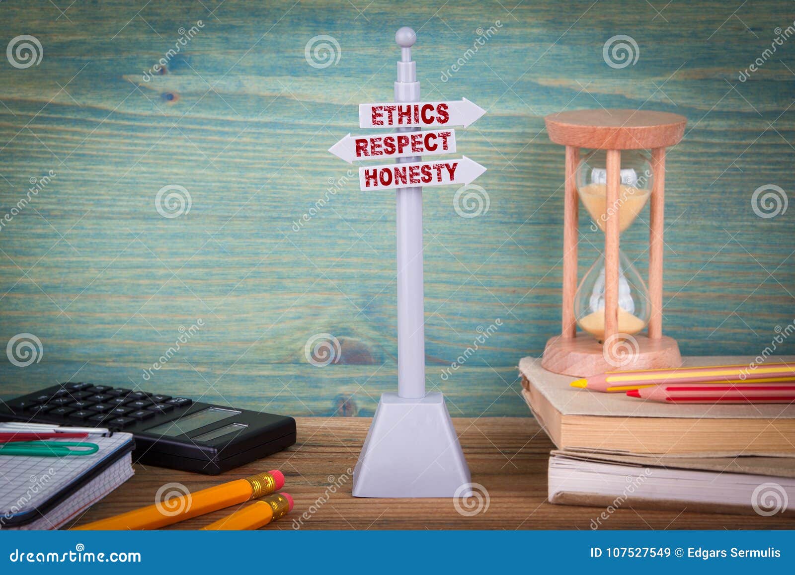 Ethics Respect Honesty, Code of Conduct. Signpost on Wooden Table Stock ...
