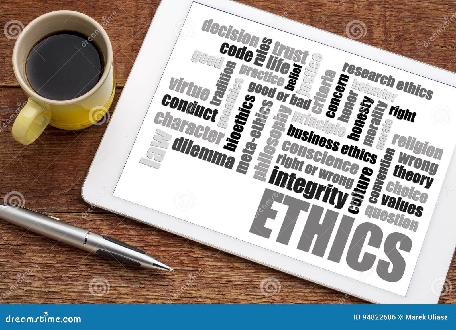 Ethics Word Cloud on Tablet with Coffee Stock Photo - Image of virtue ...
