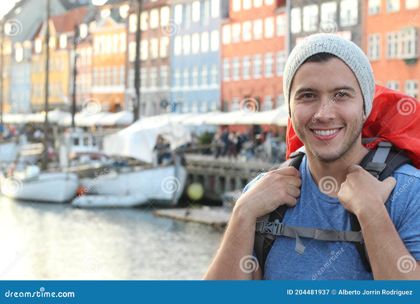 Ethnic Backpacker Walking Around Denmark Stock Image - Image of bridge ...