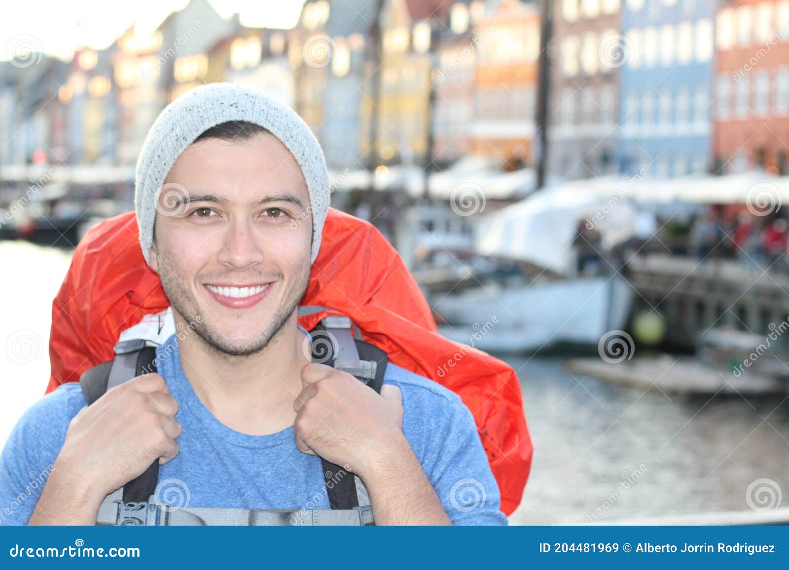 Ethnic Backpacker Walking Around Denmark Stock Image - Image of port ...