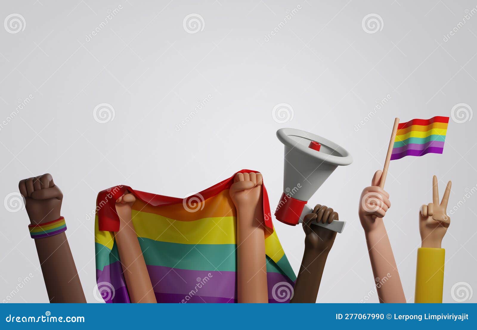 Ethnic Diversity Of Lgbtq People Raising Hands Holding Megaphone And Flag With Rainbow Flags