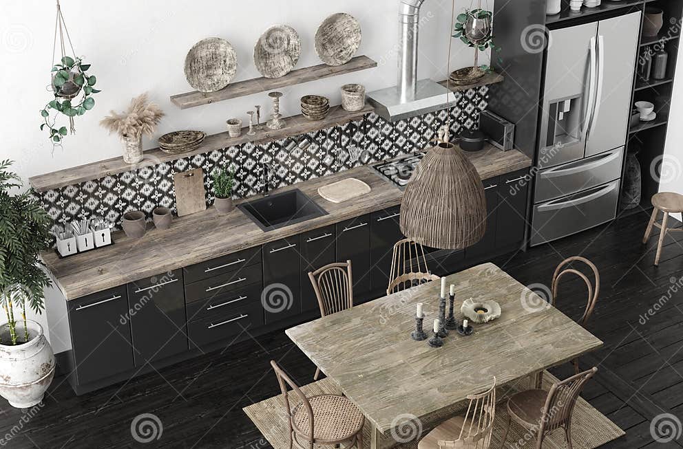 Ethnic Kitchen Interior, Rustic Style Stock Photo - Image of table ...