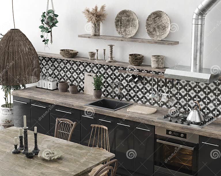 Ethnic Kitchen Interior, Rustic Style Stock Image - Image of ...