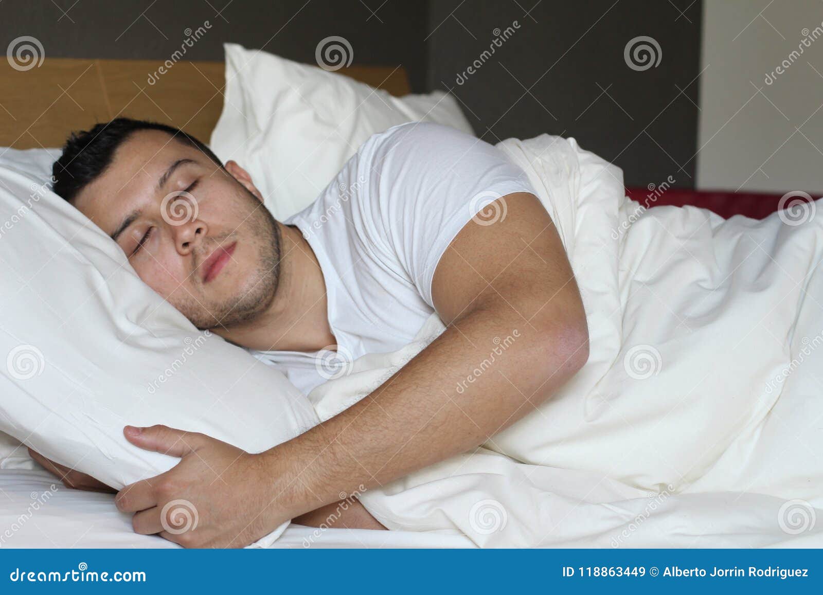 Male Sleeping Alone In Dark Room At Night, Comfortable Mattress And ...