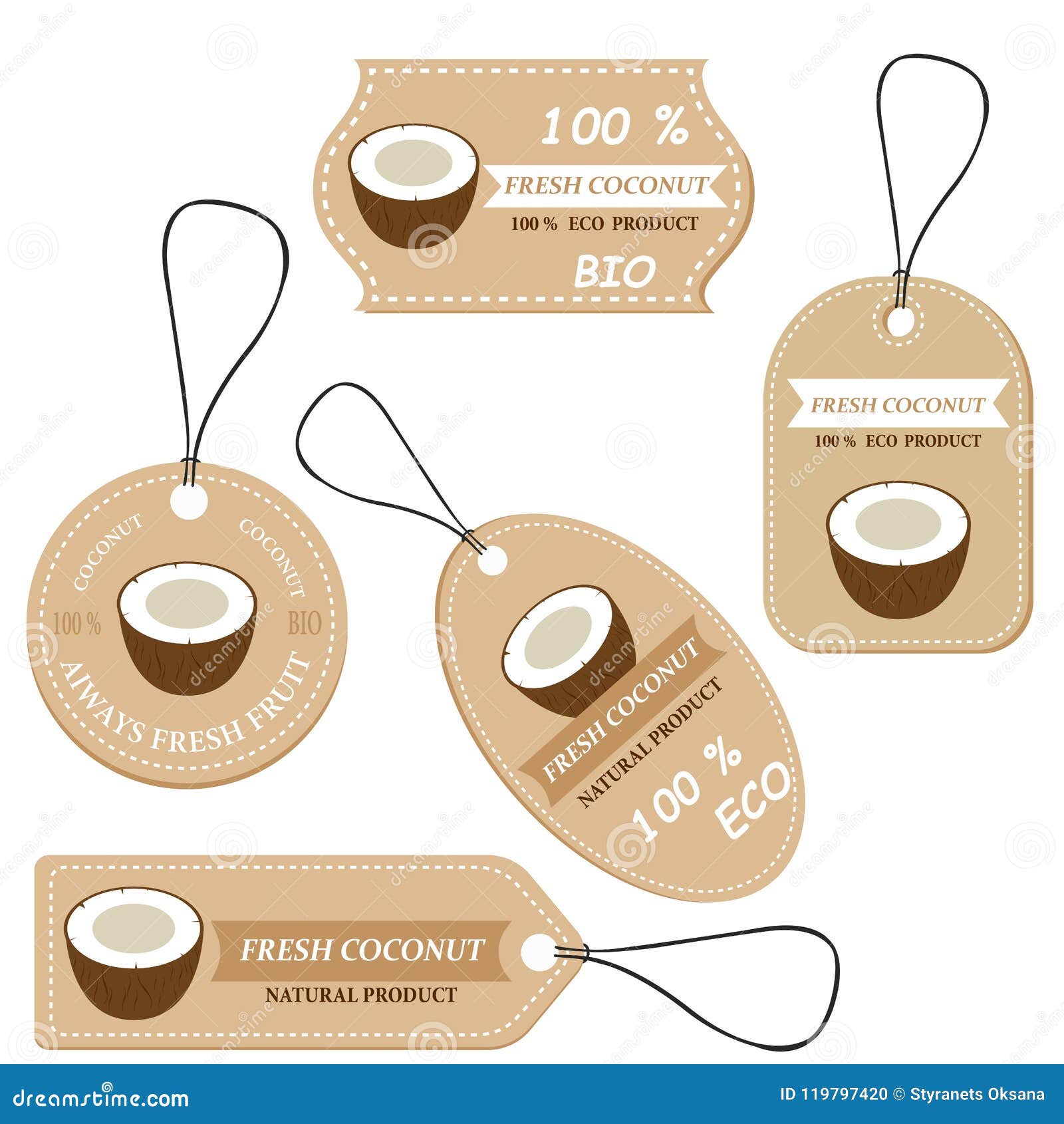 Etiquetas Con Las Diversas Frutas, Para El Coco Ilustración del Vector ...