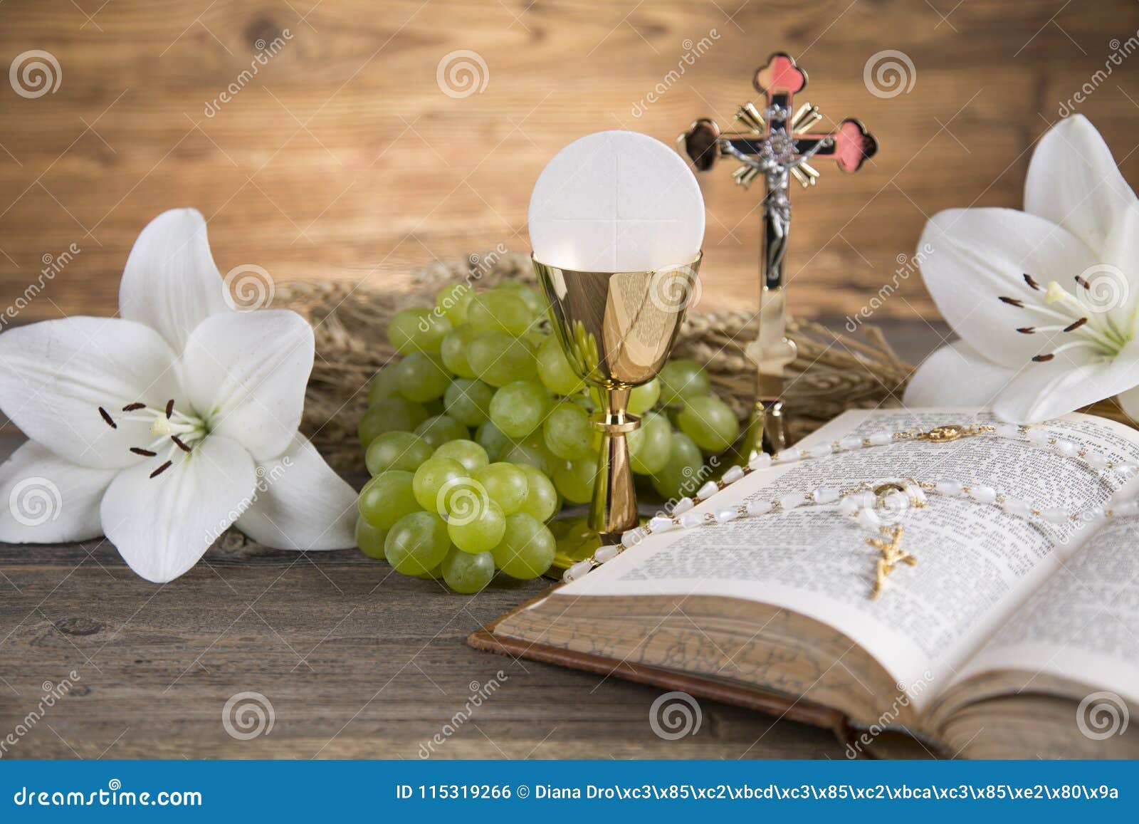Eucharist Symbol With Bread Grape And Holy Host On Black Background ...