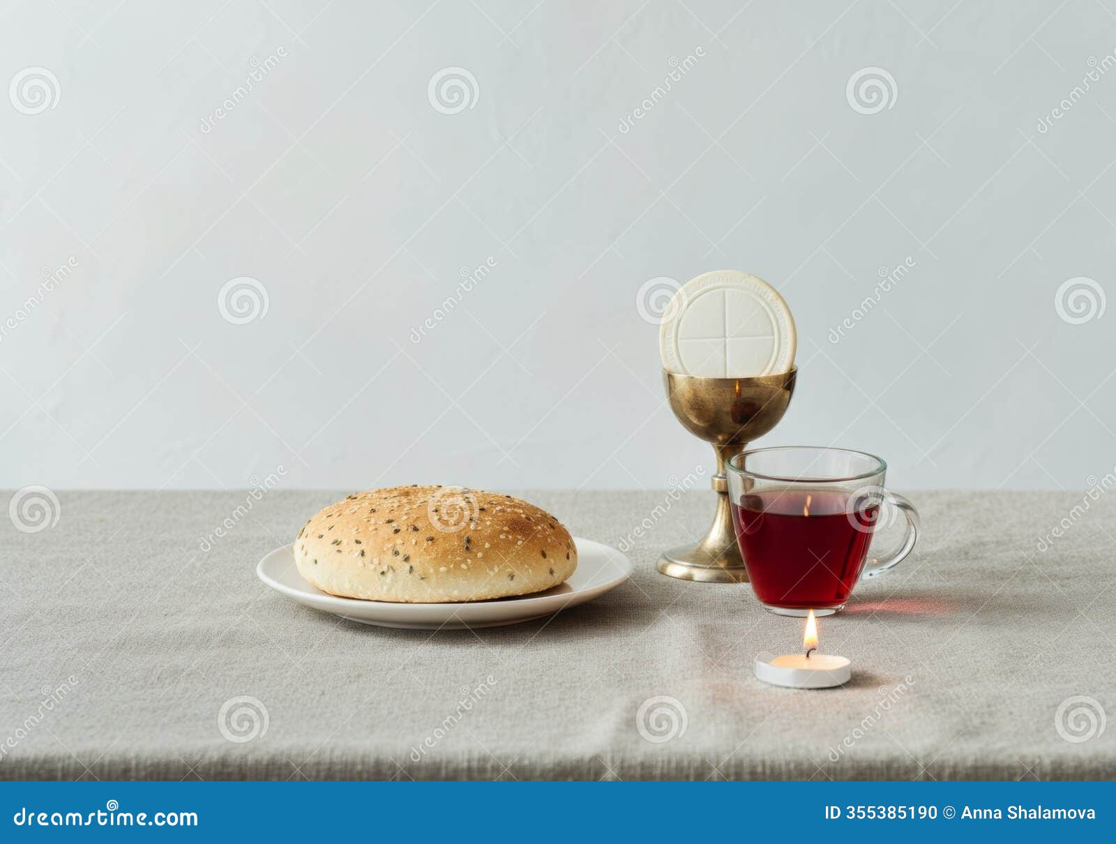 Eucharistic Bread and Wine on Altar with Candlelight. Stock Photo ...